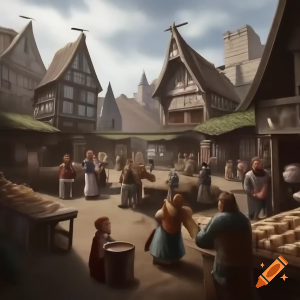 Medieval marketplace with trading goods, juggler, bard, and detailed ...