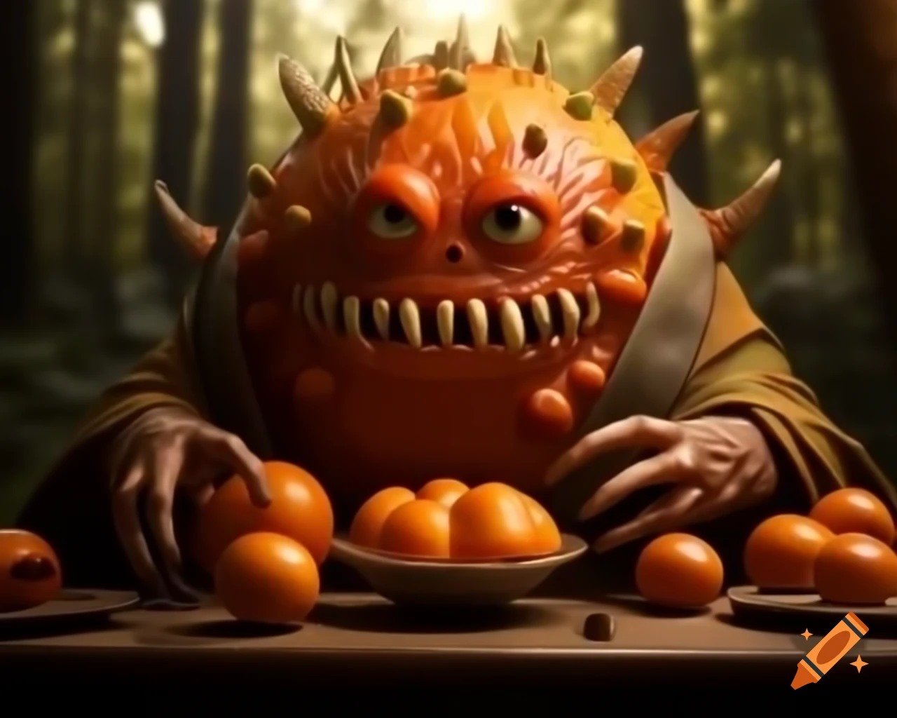 Close-up of humanoid Rotten Orange Fruit Monster on carved wooden table ...