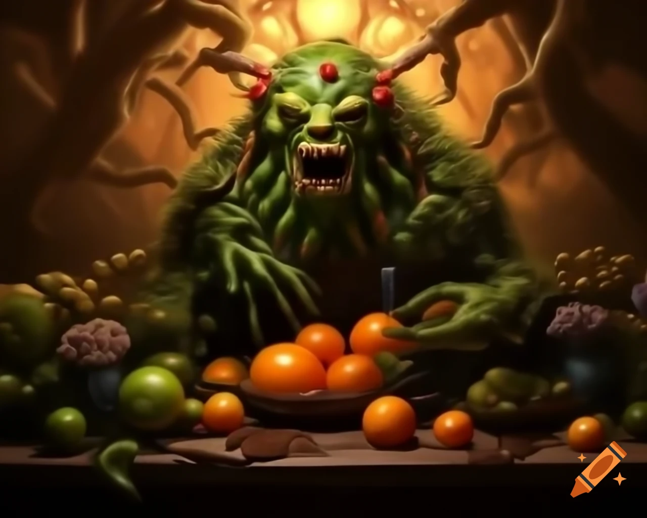 Hyper realistic closeup of an orange fruit monster on Craiyon