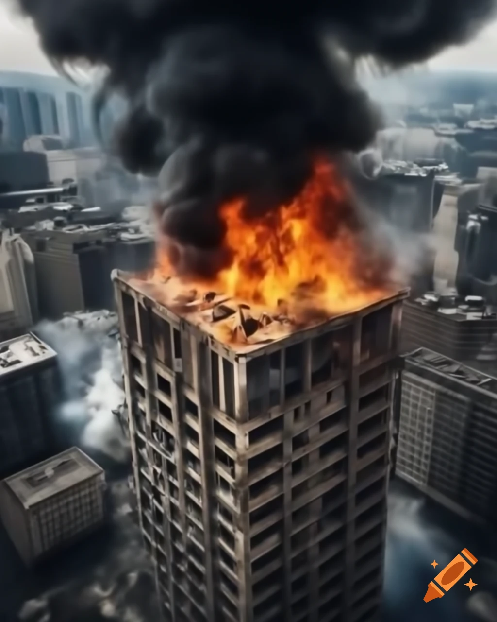 Building in city exploding with fire and smoke on top on Craiyon