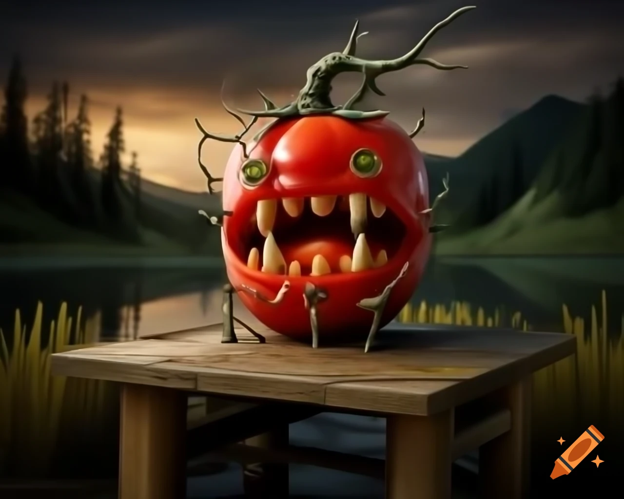 Tomato Fruit Monster with scaly skin and thorny appendages on wooden ...
