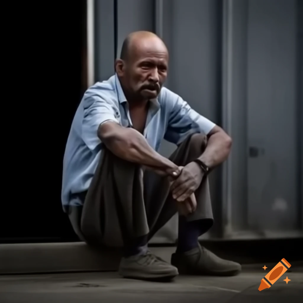 Homeless man searching for beer on the ground, missing teeth and bald ...