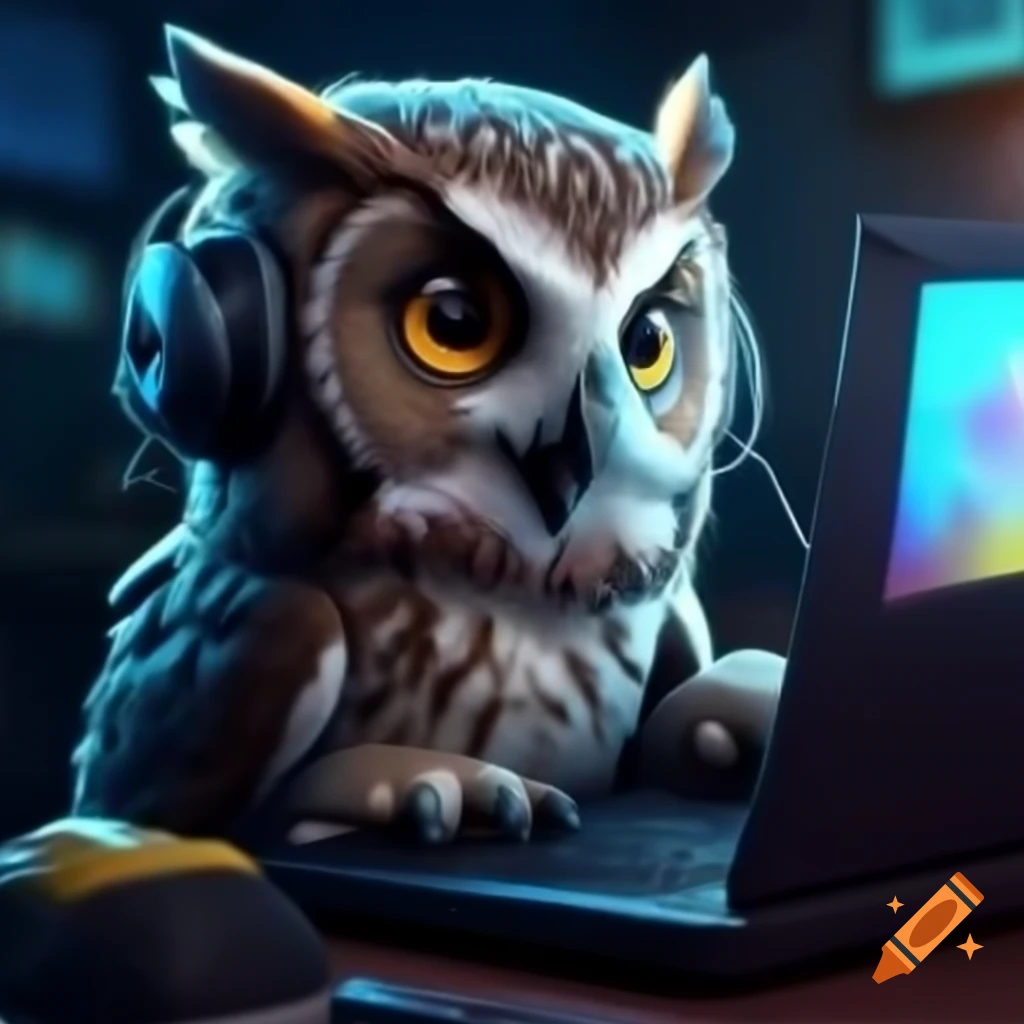 Owl using laptop, showcasing gaming skills on Craiyon