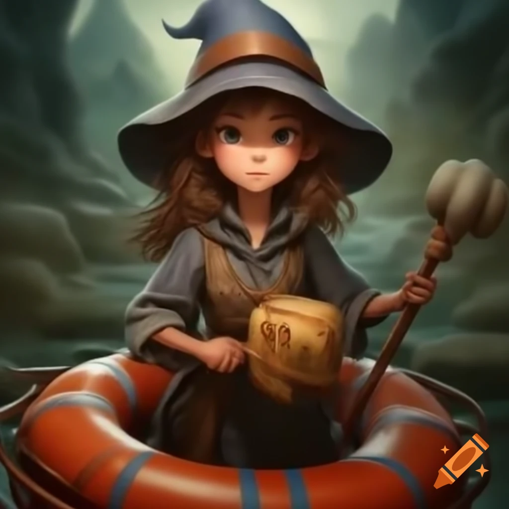 Rugged young woman wizard looking at life preserver on Craiyon