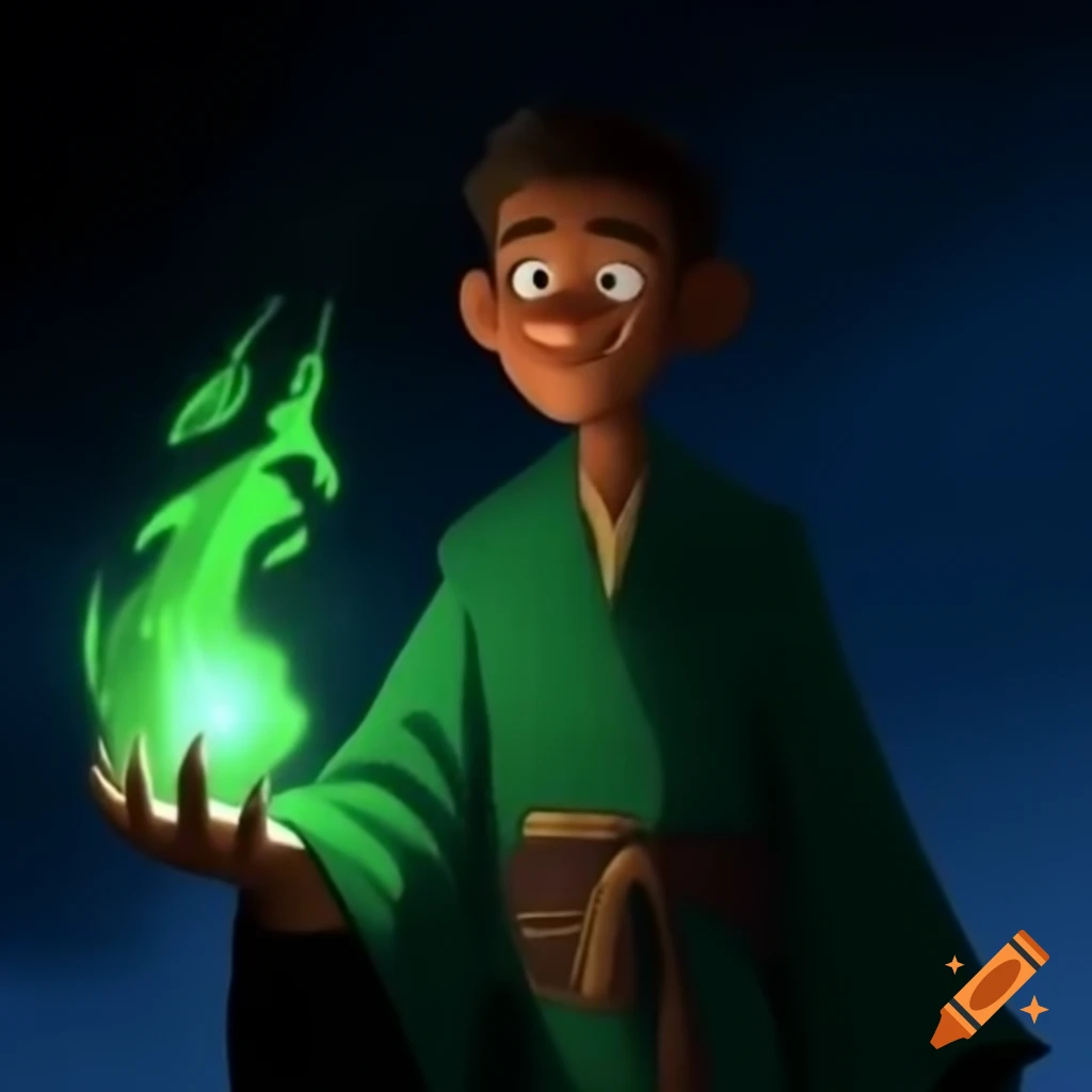 Tall young man in dark green wizard robe with bright white eyes and ...