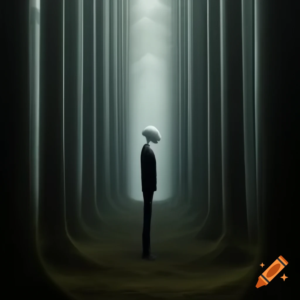 Faceless humanoid monster in suit standing in dark forest on Craiyon