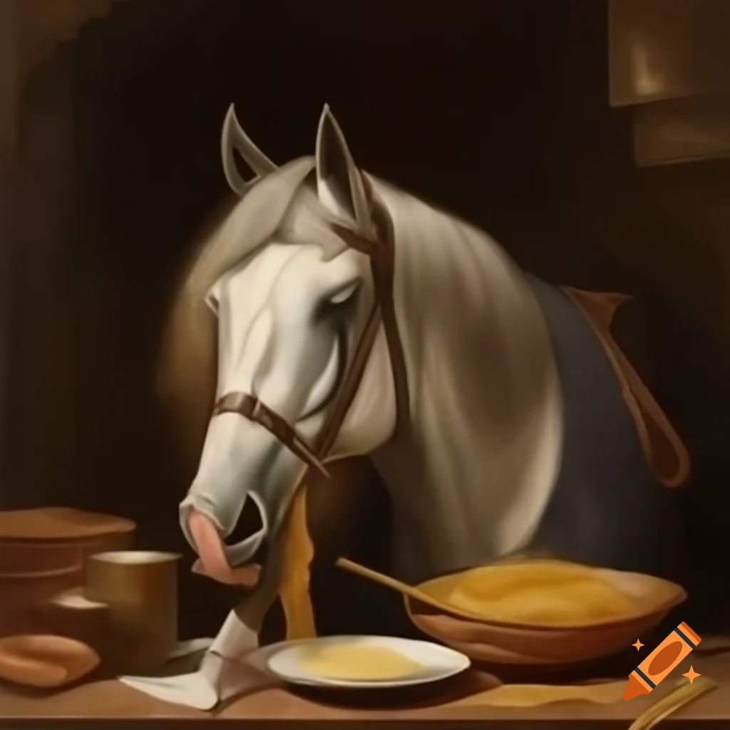 Classic painting of a horse eating spaghetti in a castle on Craiyon