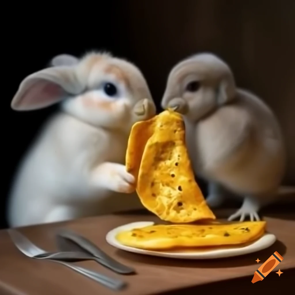 Baby chicken and rabbit sharing omelet with forks on Craiyon