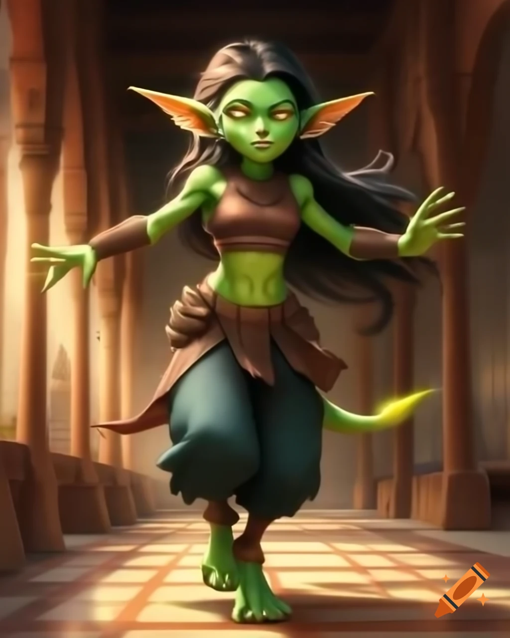 Energetic green-skinned goblin girl dancing in palace wearing harem ...