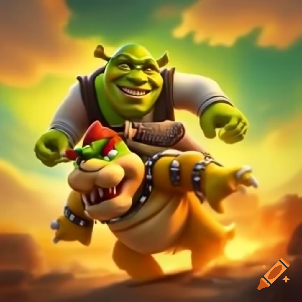 Movie poster featuring Shrek riding Bowser from Mario franchise on Craiyon