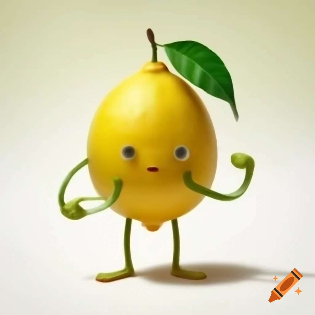 Lemon character with arms, legs, eyes, and green leaf on Craiyon