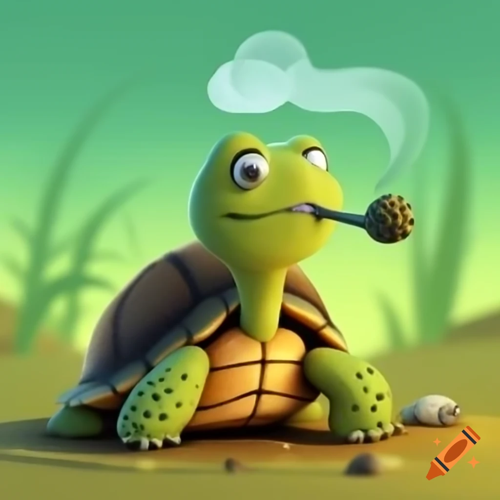 Turtle with a humorous expression, engaging in smoking activity on Craiyon