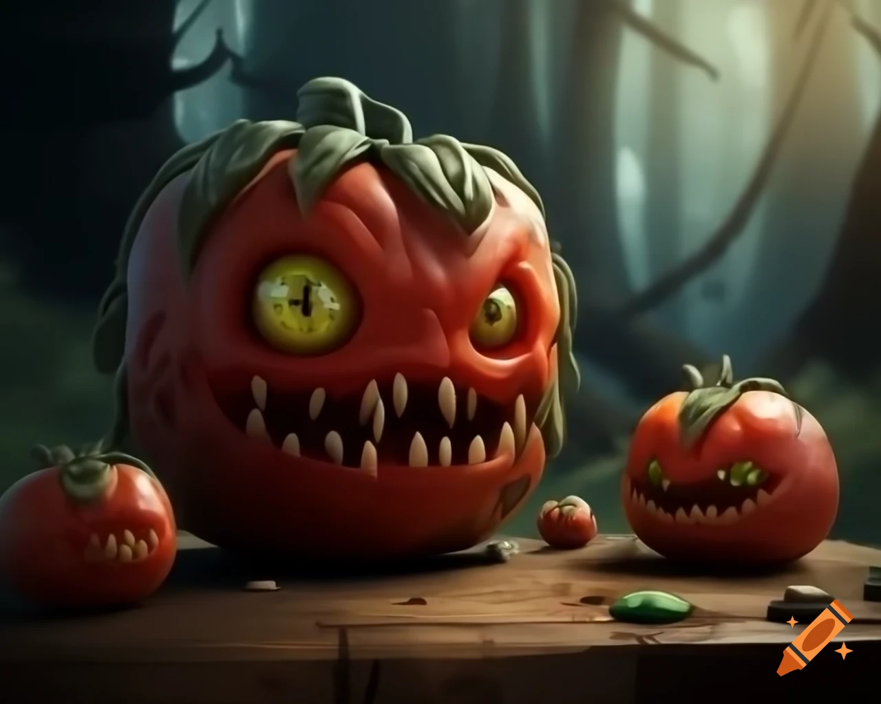Grotesque tomato monster with greenish-red skin and bulging eyes on ...