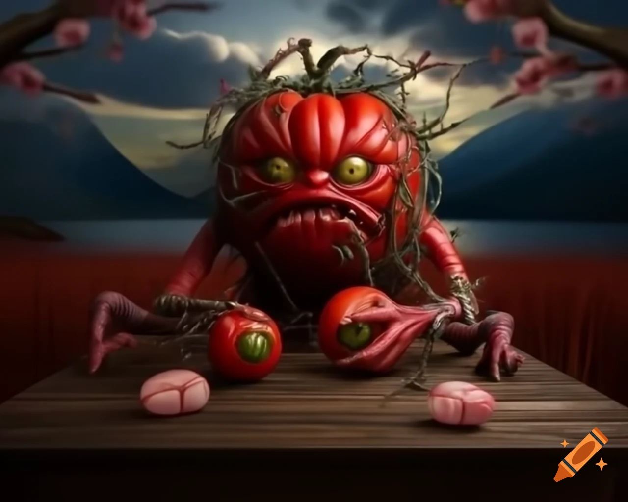 Grotesque Rotten Tomato Fruit Monster with crimson skin atop wooden ...