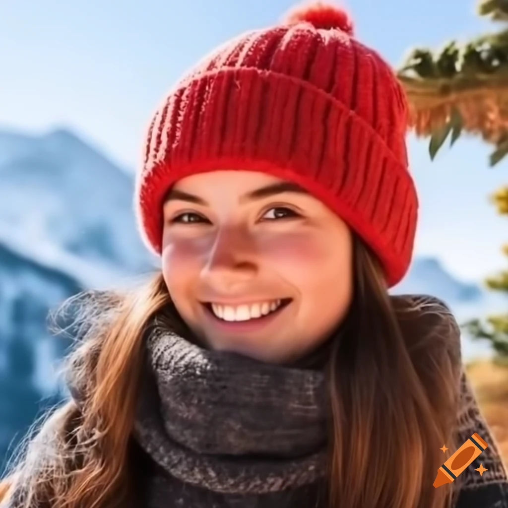 Person smiling in red winter hat near tree in the mountains on Craiyon