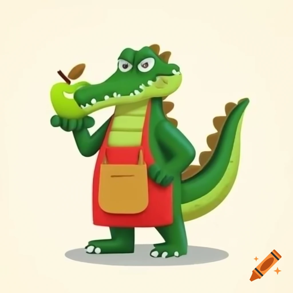 Angry alligator wearing an apron eating an apple on Craiyon