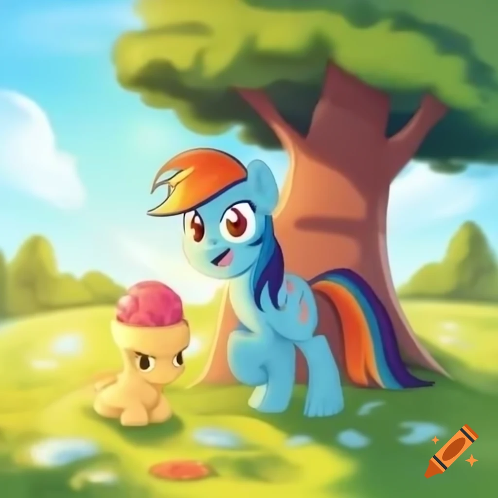 Cute pony under tree in sunny meadow, surprised by melted ice cream ...