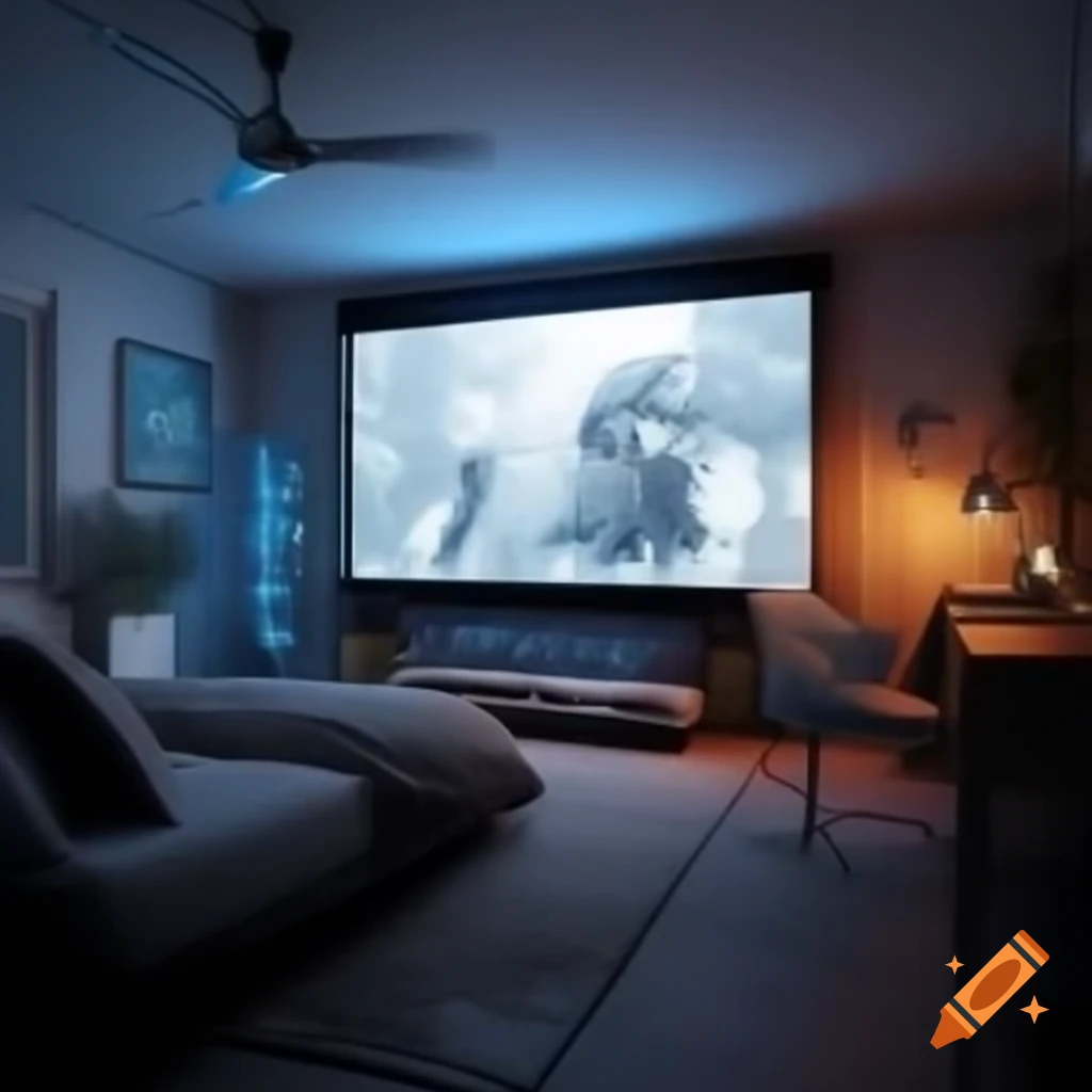 Modern bedroom featuring projector setup, LED lights, sofa, and bed on Craiyon