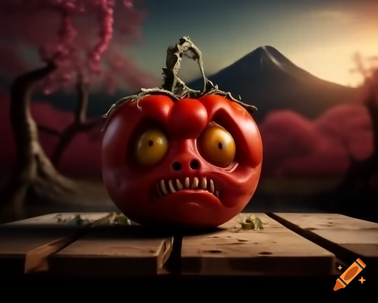 Grotesque Rotten Tomato Fruit Monster with crimson skin atop wooden ...