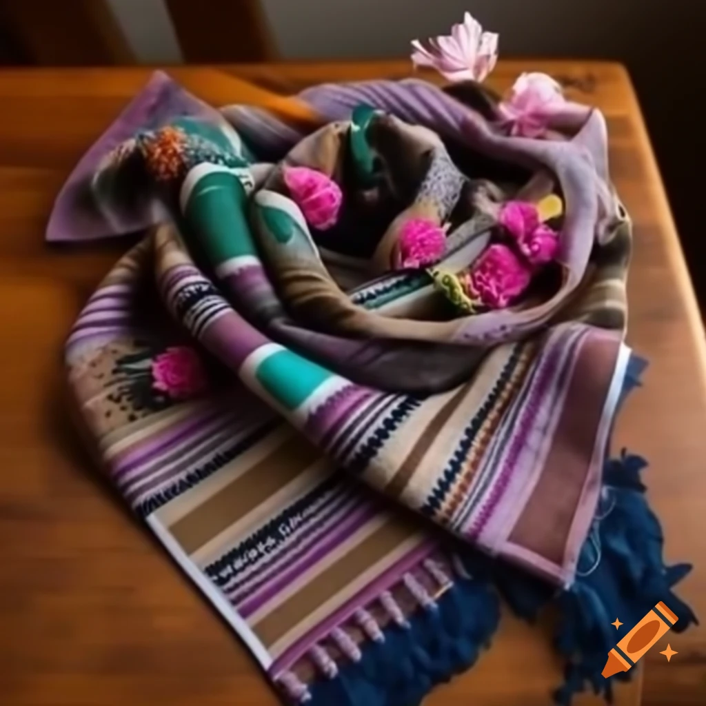Traditional Afghan scarves adorned with hand-painted flowers on wooden ...