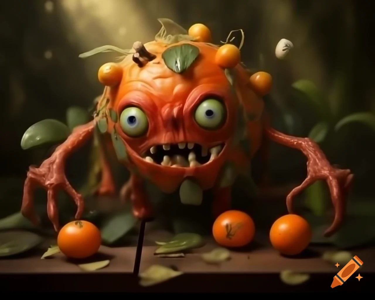 Hyper realistic orange fruit monster, detailed close-up view, full body ...
