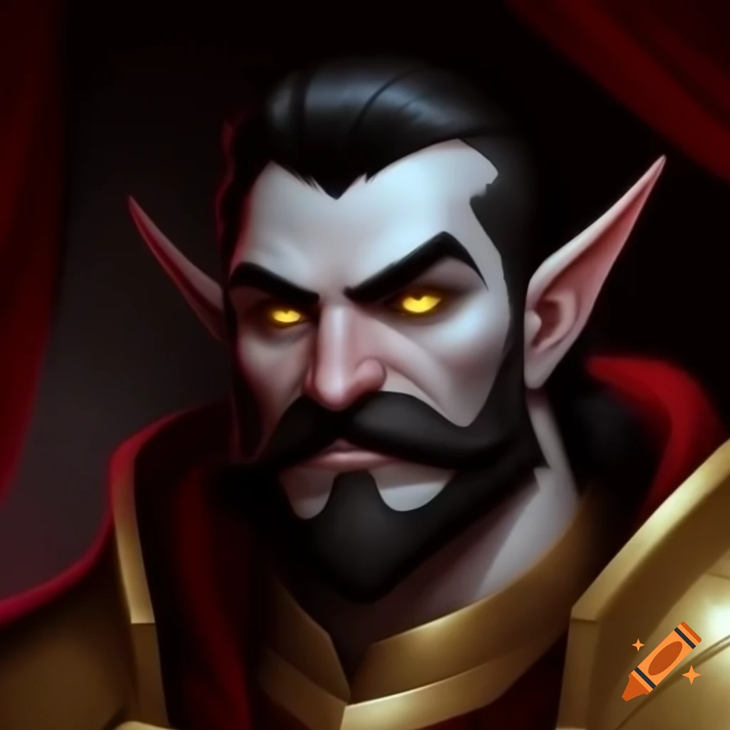 Pale vampire paladin with mustache and yellow eyes in golden armor on ...