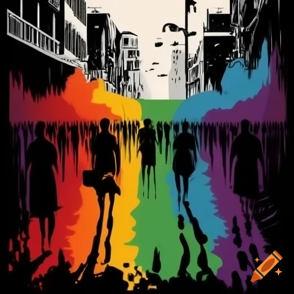 Street-art inspired illustration with black stencil silhouettes of ...