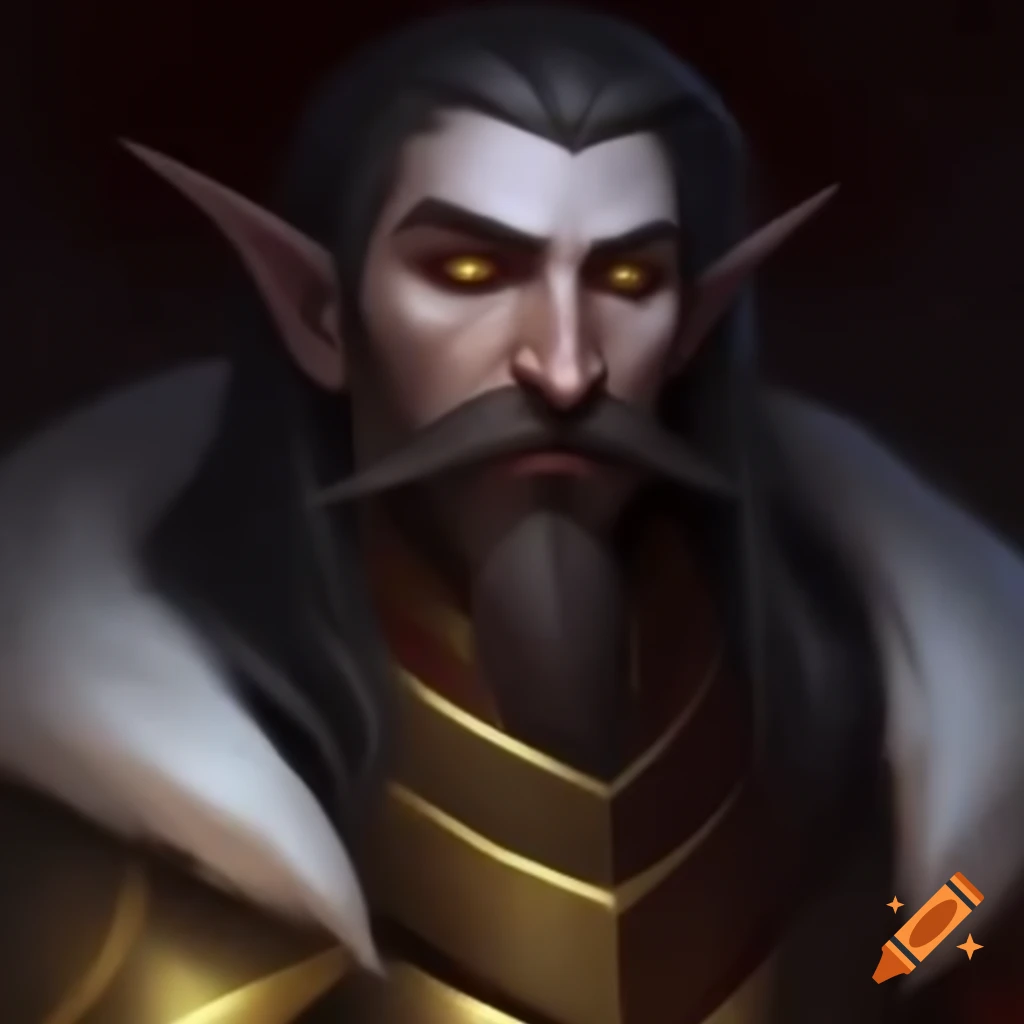 Pale vampire paladin in golden armor with white cloak and mustache on ...