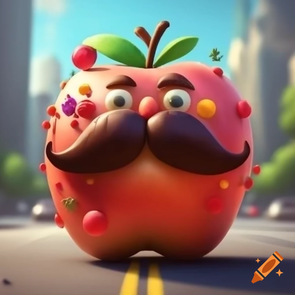 Quirky apple with mustache and floral wreath exploring city avenue on ...