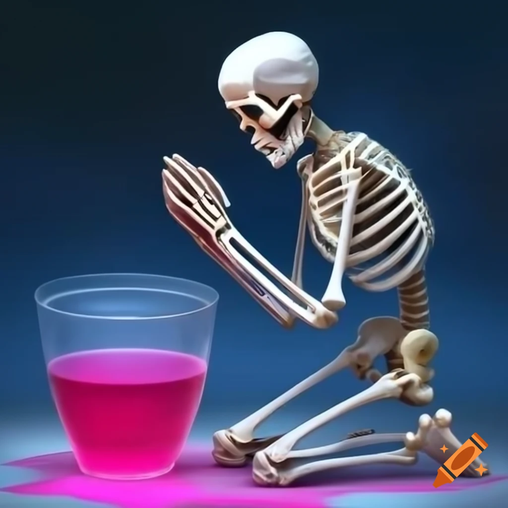 Skeleton praying with glass of pink liquid hovering, lit by sky light ...