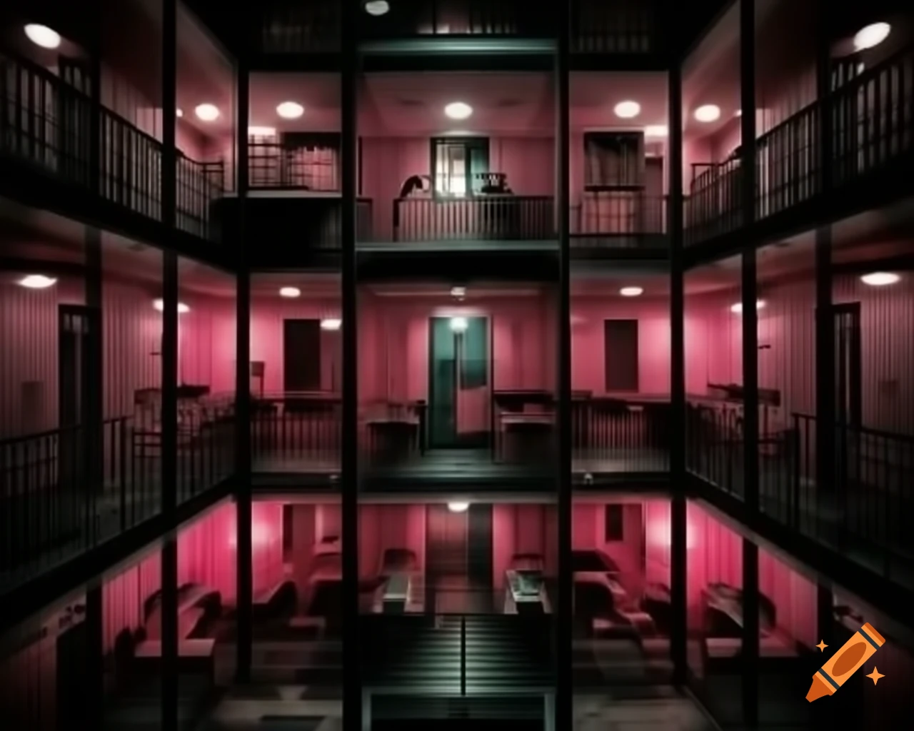 Artistic portrayal of empty jail bars with balconies in black and pink ...