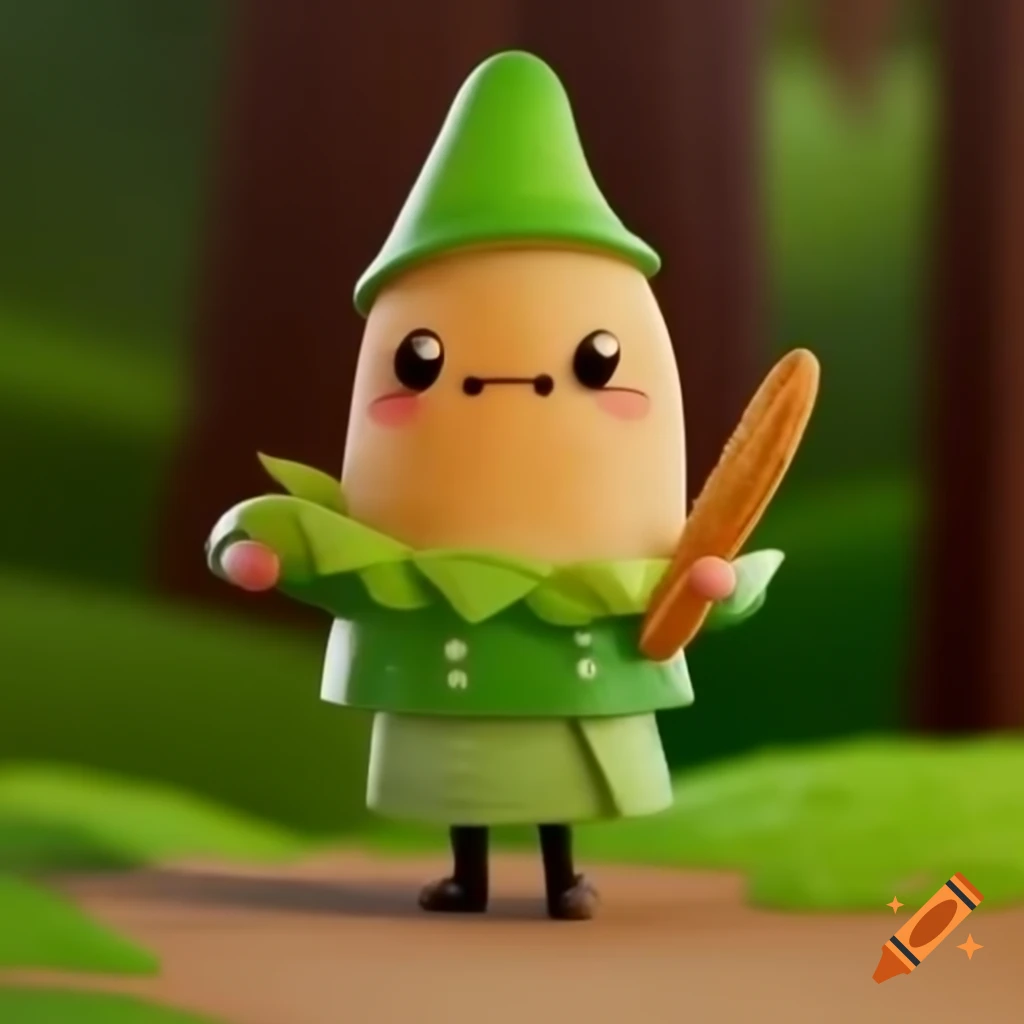 Tall cute bard dressed as a baguette in green outfit and hat on Craiyon