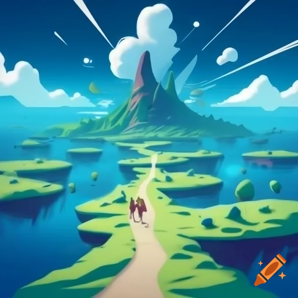 2D animation of programmer on path to paradise island with digital bugs ...