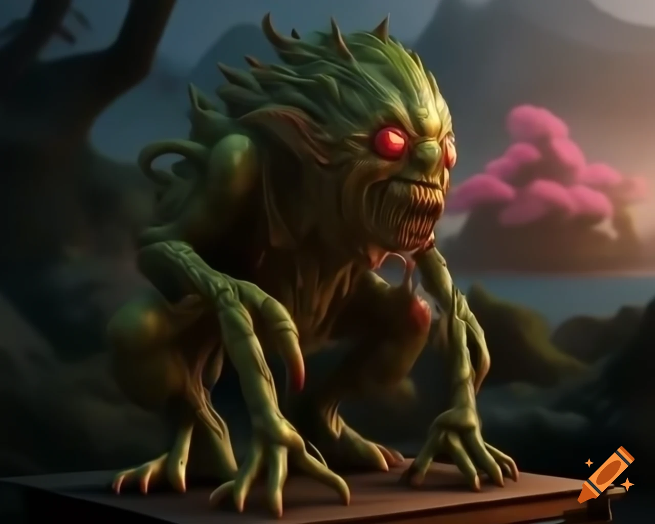 Grotesque tomato monster with greenish-red skin and bulging eyes on ...