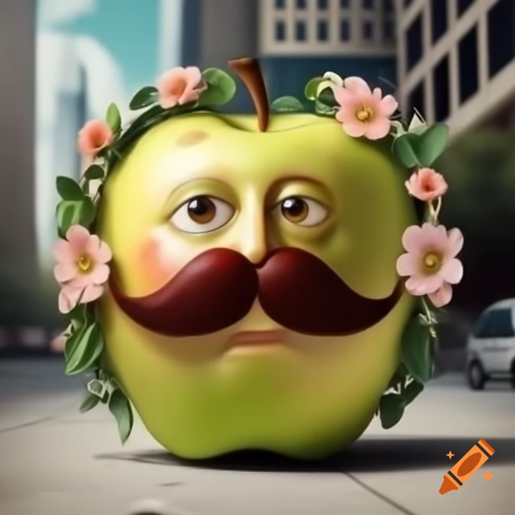Quirky apple with mustache and floral wreath exploring city avenue on ...