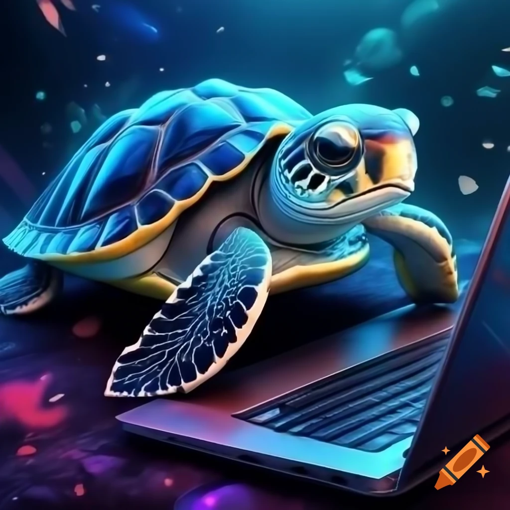 Sea turtle using laptop, showcasing gaming skills on Craiyon