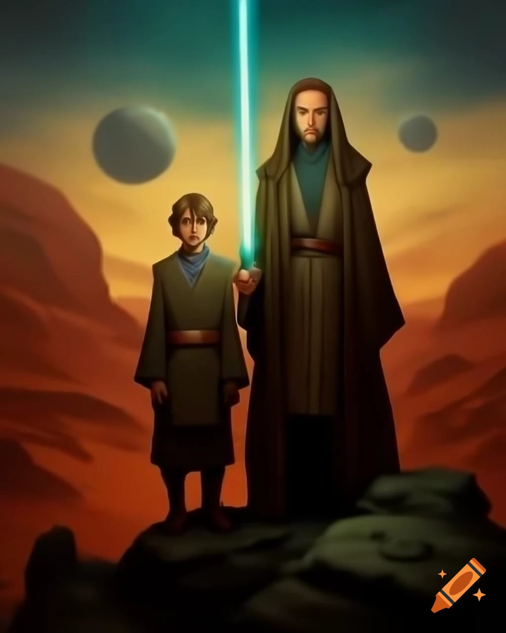Jedi Master and Padawan in rugged landscapes of Outer Rim planet on Craiyon