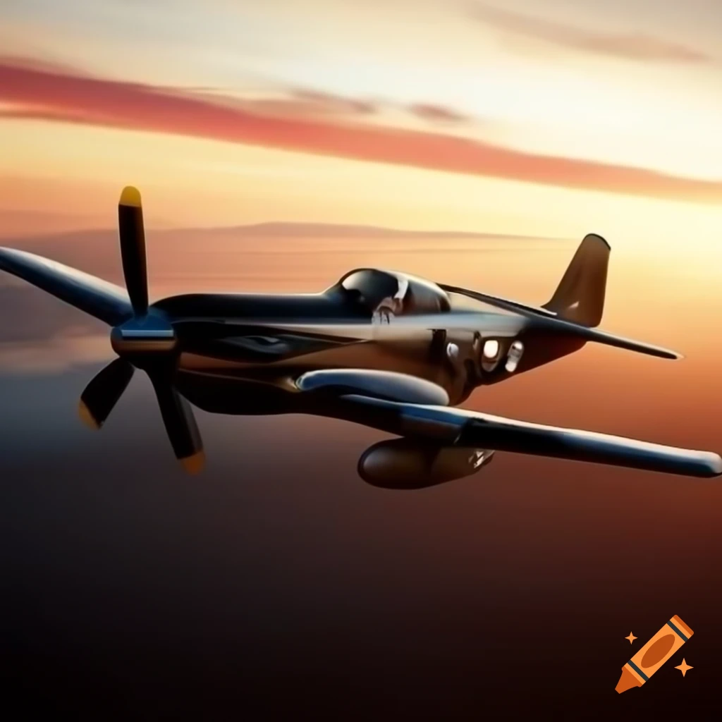 Top view of a Mustang P-51 D aircraft in the sky during sunset, high ...