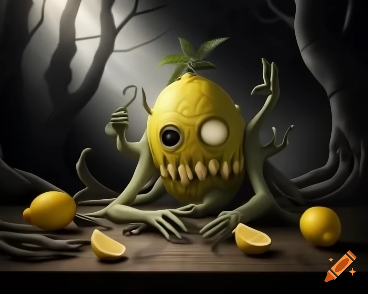 Surreal one-eyed lemon fruit monster in hyper-realistic detail on Craiyon
