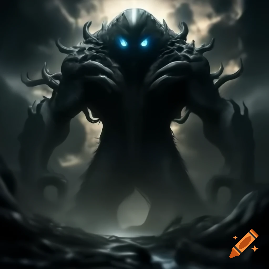 Enormous black entity resembling a planet with glowing blue eyes on Craiyon