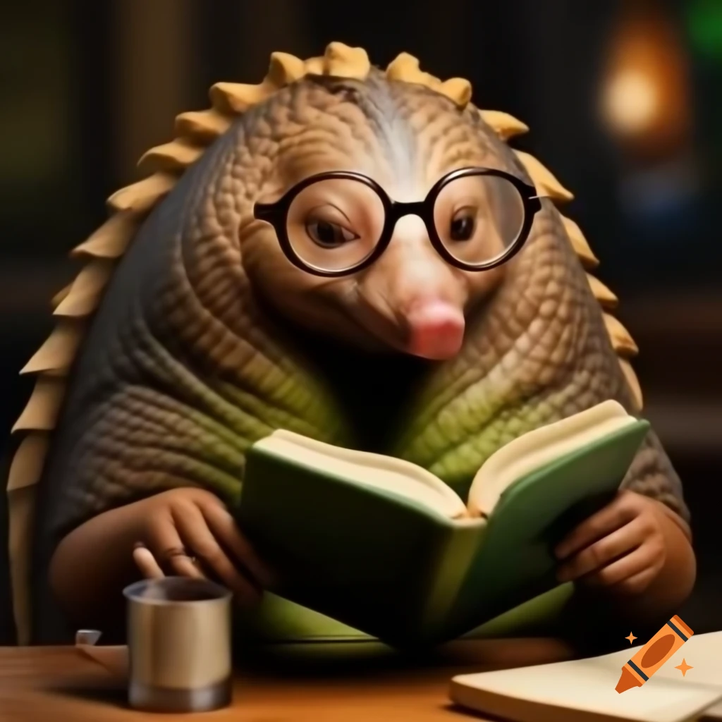 Pangolin with reading glasses holding a book and a glass of wine on Craiyon
