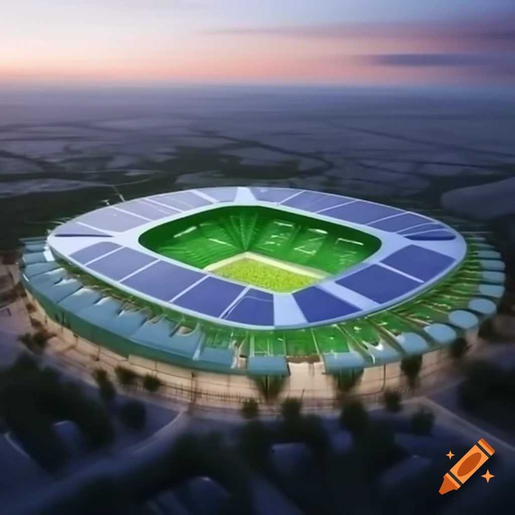 Sustainable green stadium with solar panels on roof on Craiyon