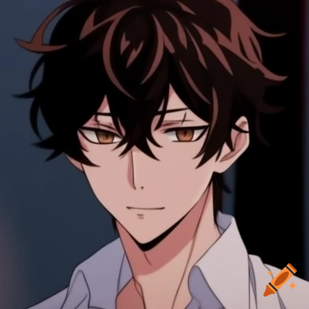 Calm anime character with messy dark brown hair and sharp features ...