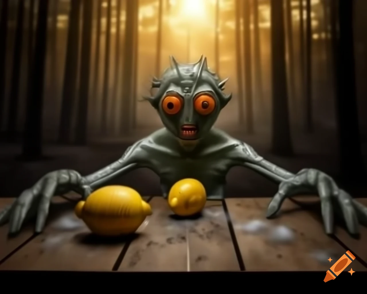 Surreal one-eyed mutant lemon fruit monster, hyper-realistic and ...