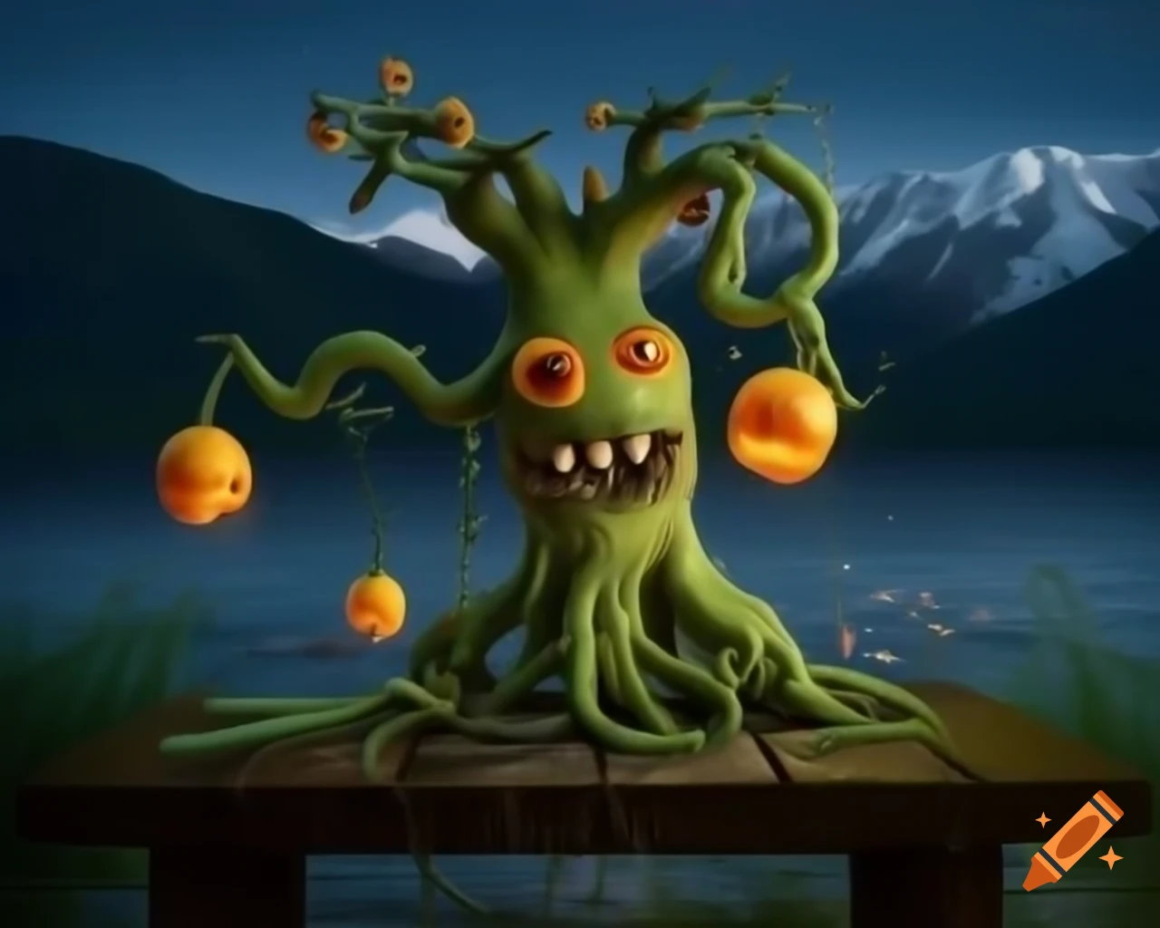 Surreal one-eyed mutant lemon tree monster with grotesque branches and ...