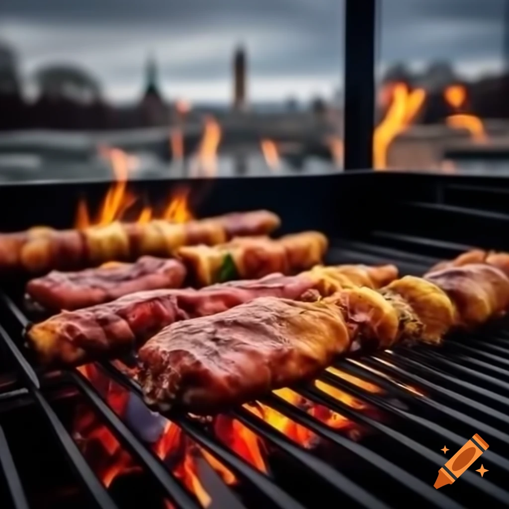 Closeup of barbecue grill with blazing flame and Washington DC ...