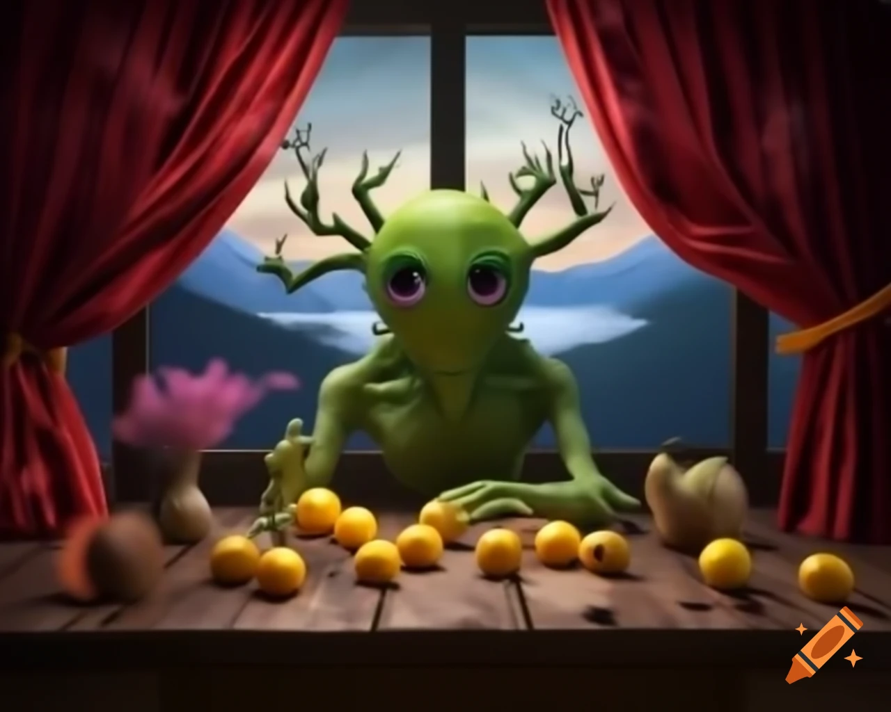 Surreal one-eyed mutant lemon tree monster with twisted branches on Craiyon