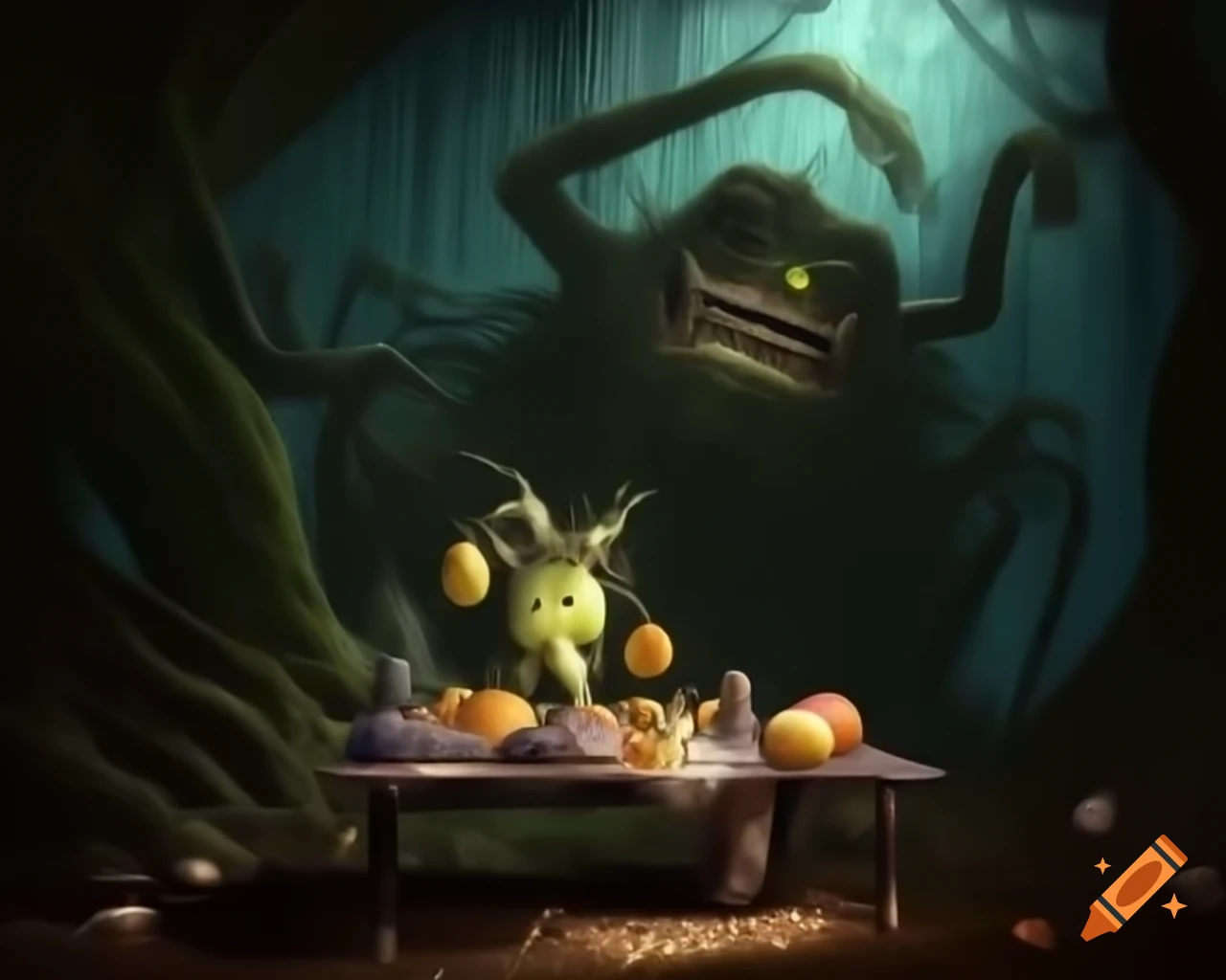 Surreal one-eyed mutant lemon fruit tree monster with hanging lemon ...