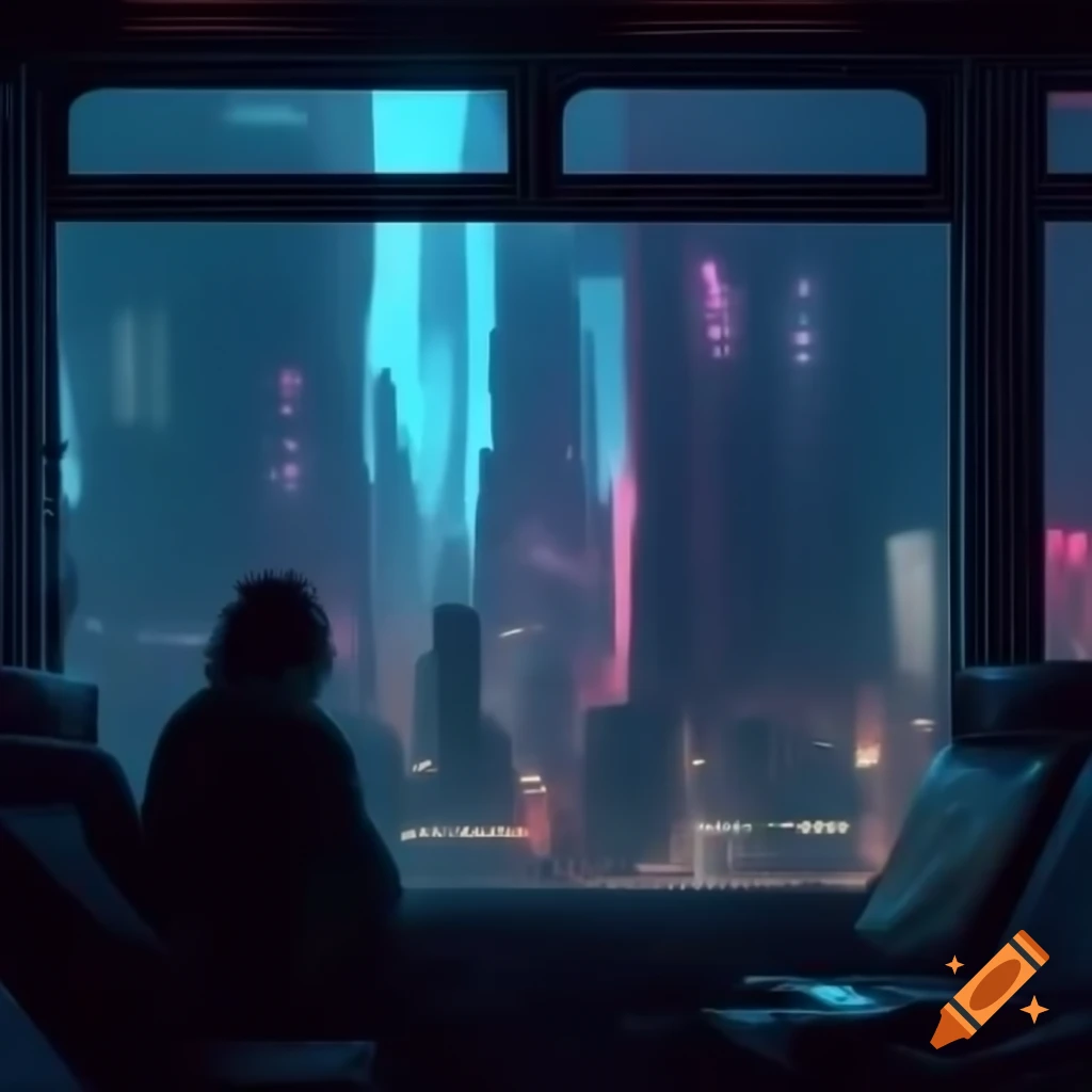 Neon cyberpunk city with skyscrapers and figure enjoying ambiance ...
