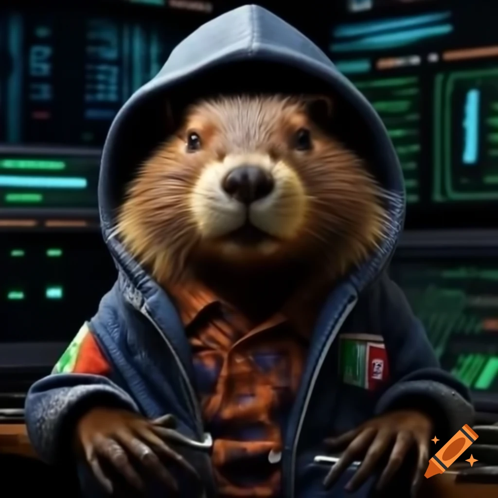 Cyber-inspired beaver character dressed as a hacker in a dark server ...